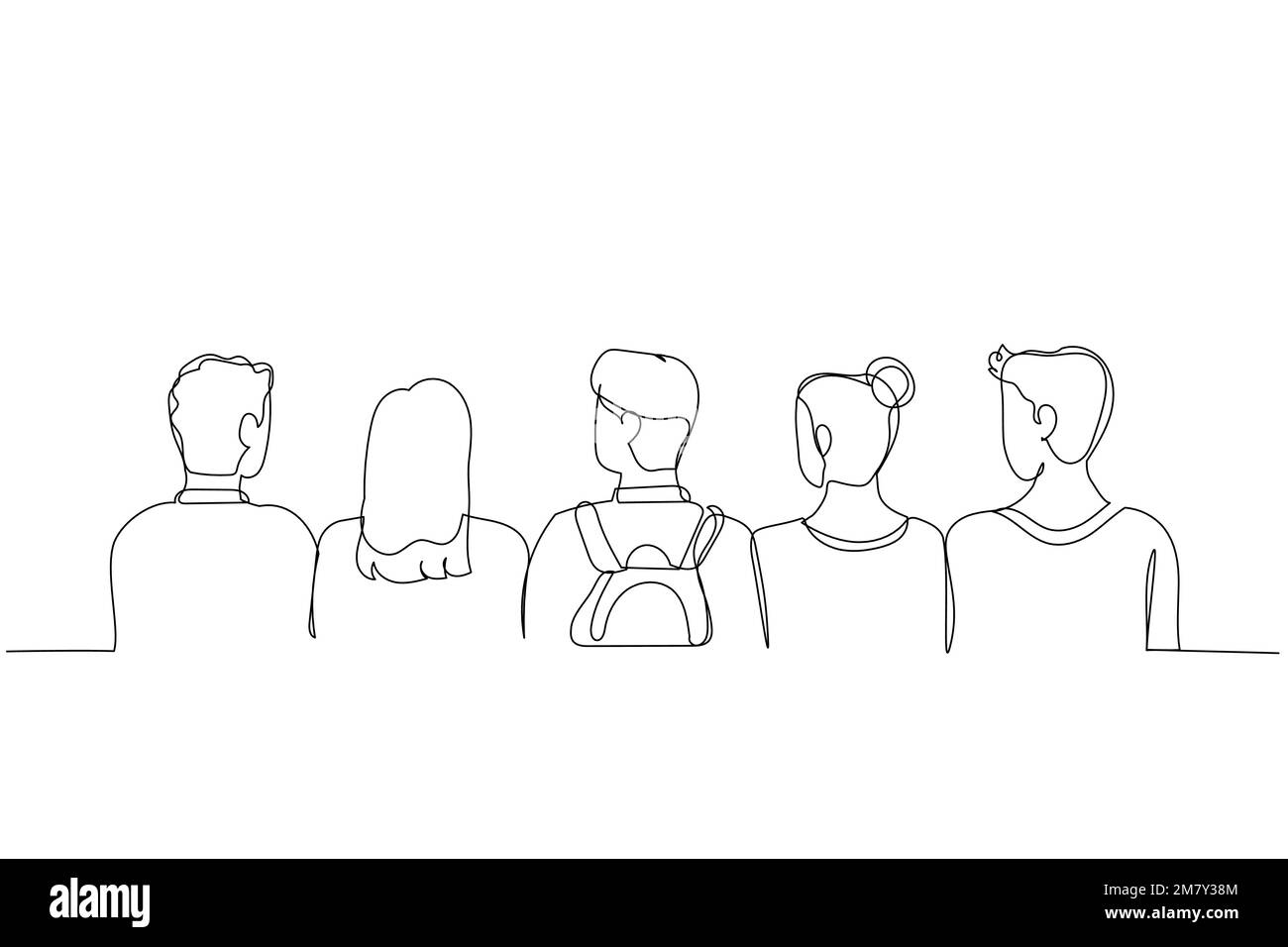 Drawing of group of students with bags in school, back view. Single ...