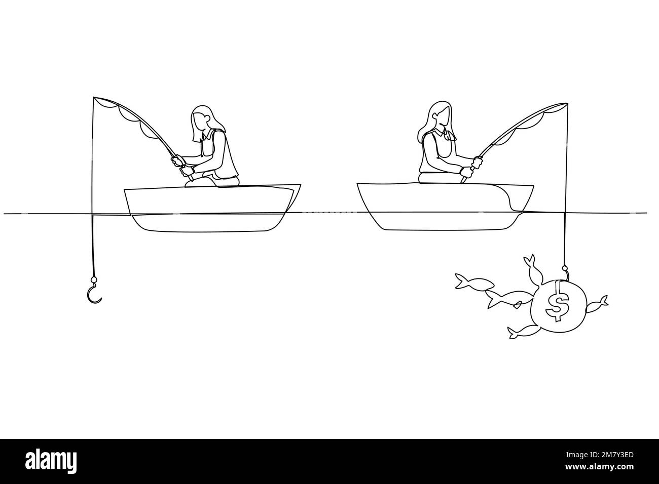 Drawing of businesswoman fishing dollar money profit sitting in boat ...