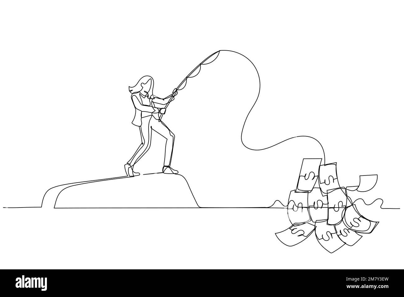 Drawing of businesswoman fishing money concept of seeking profit ...