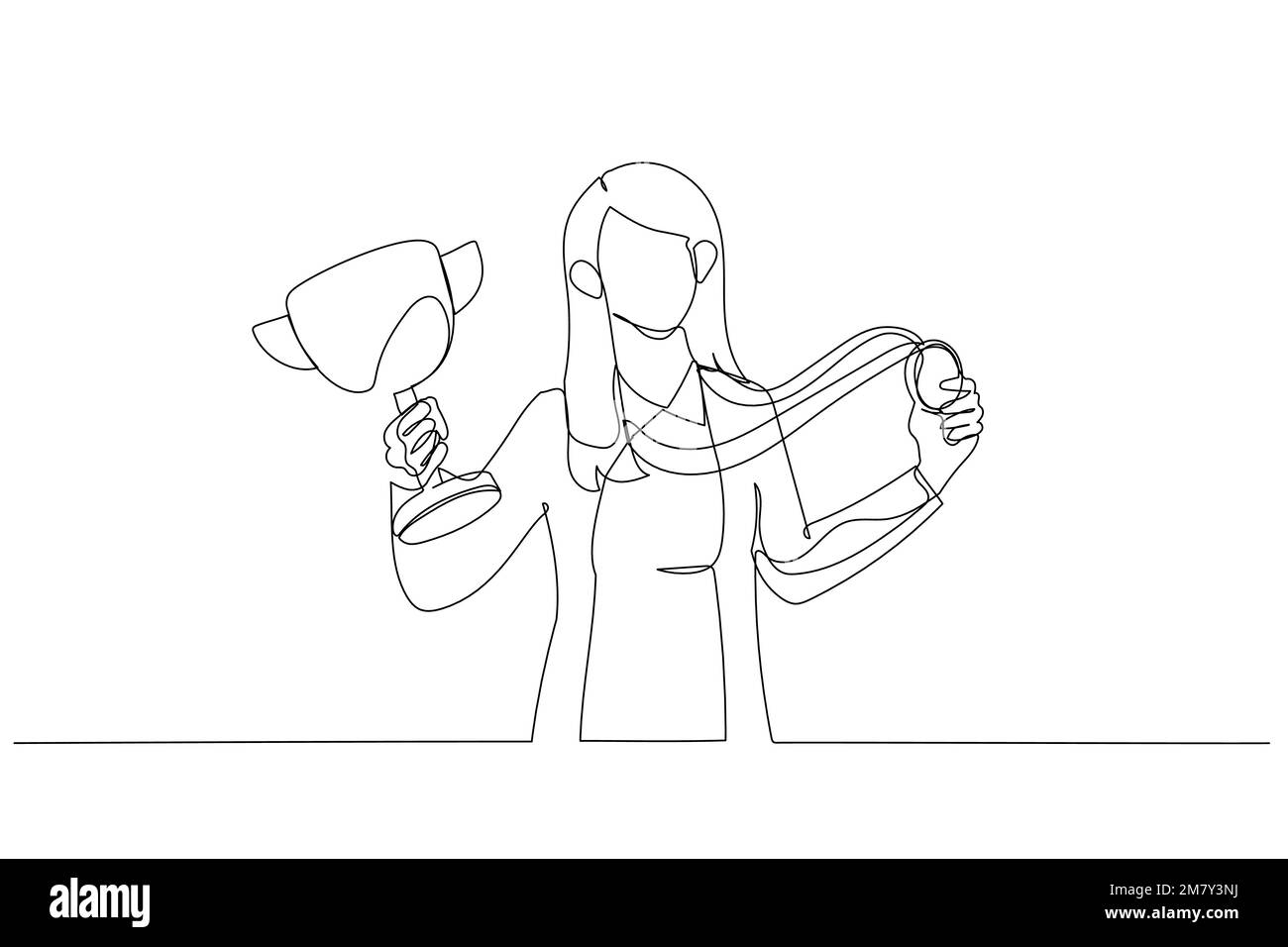 Drawing of businesswoman standing holding golden medal and first prize ...