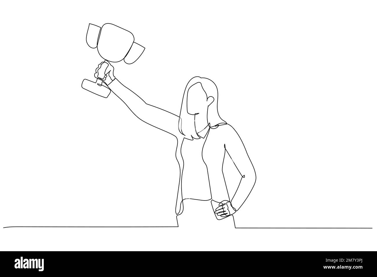 Drawing of businesswoman hold award trophy concept of successful. One ...