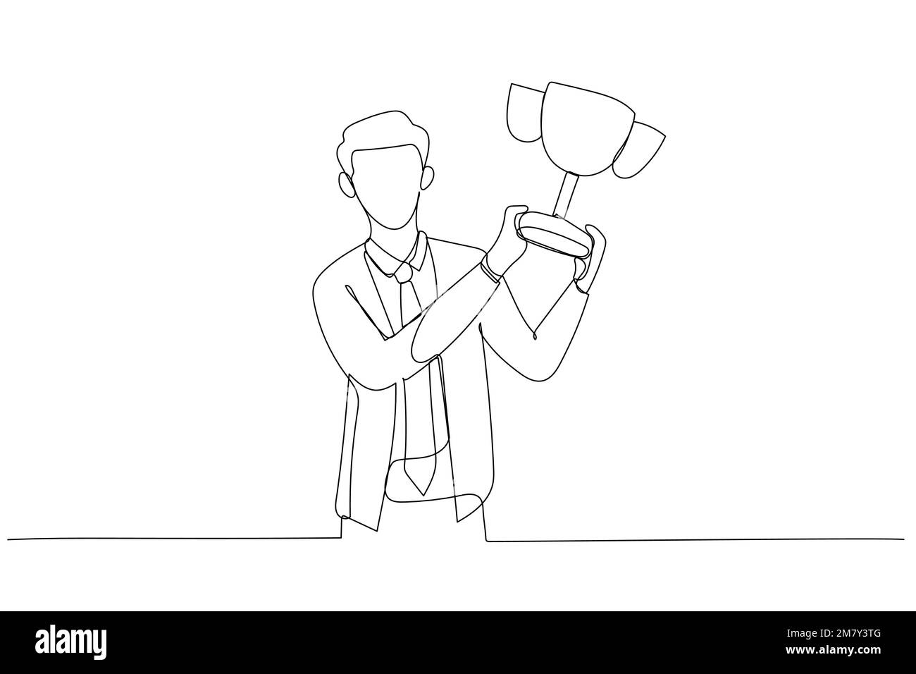 Drawing of businessman raising trophy metaphor of success. Continuous ...