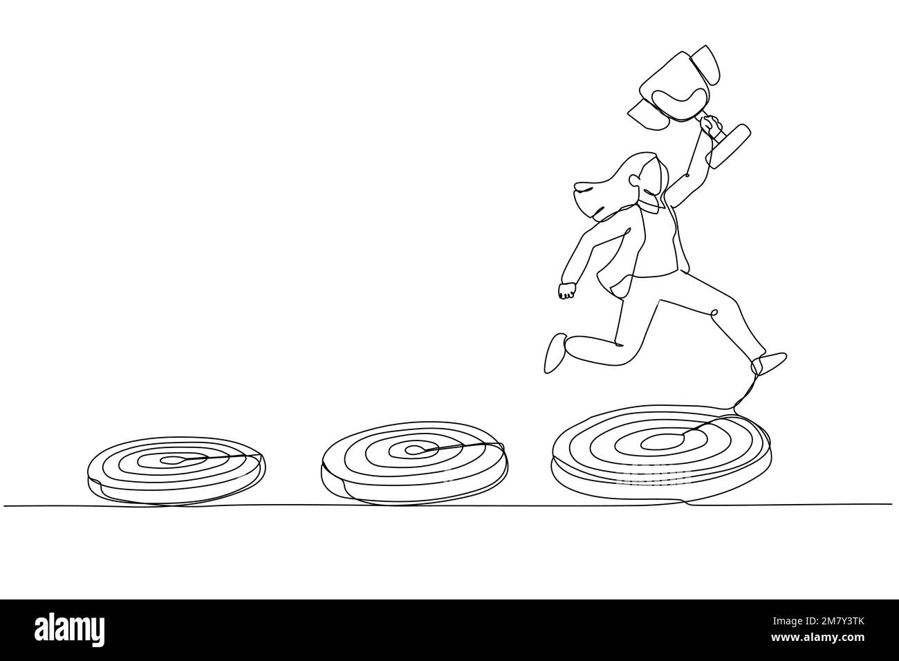 Drawing of businesswoman goes from small goal to bigger goal concept of ...