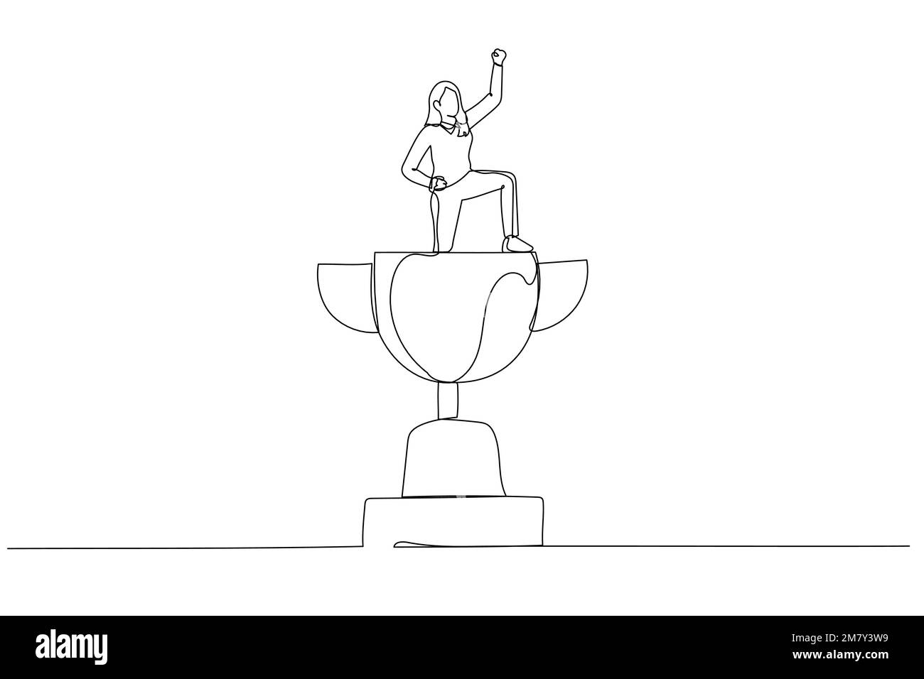 Drawing of businesswoman winner raising flag on winning trophy get ...