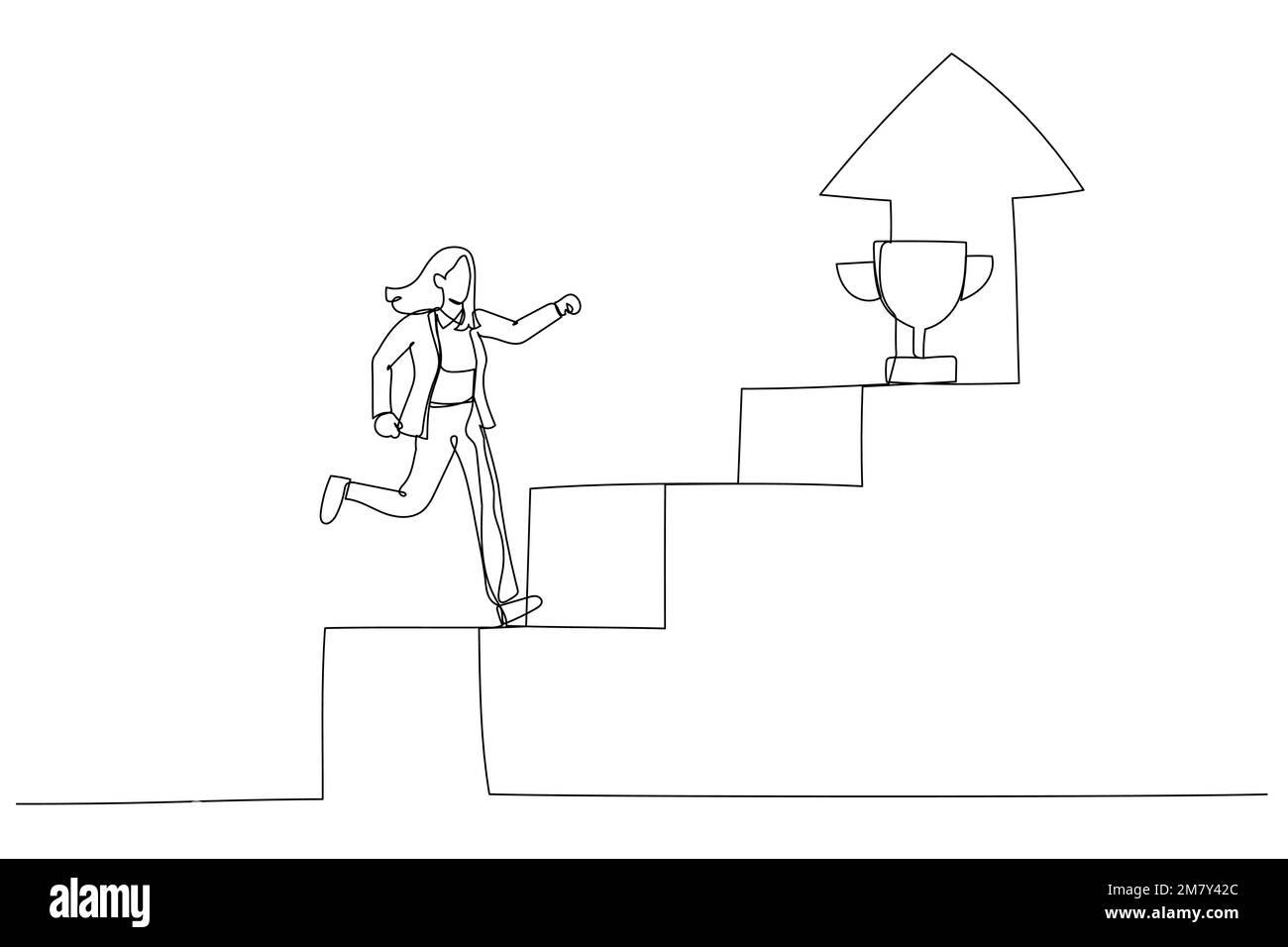 Cartoon of businesswoman walking up staircase with rising arrow into ...