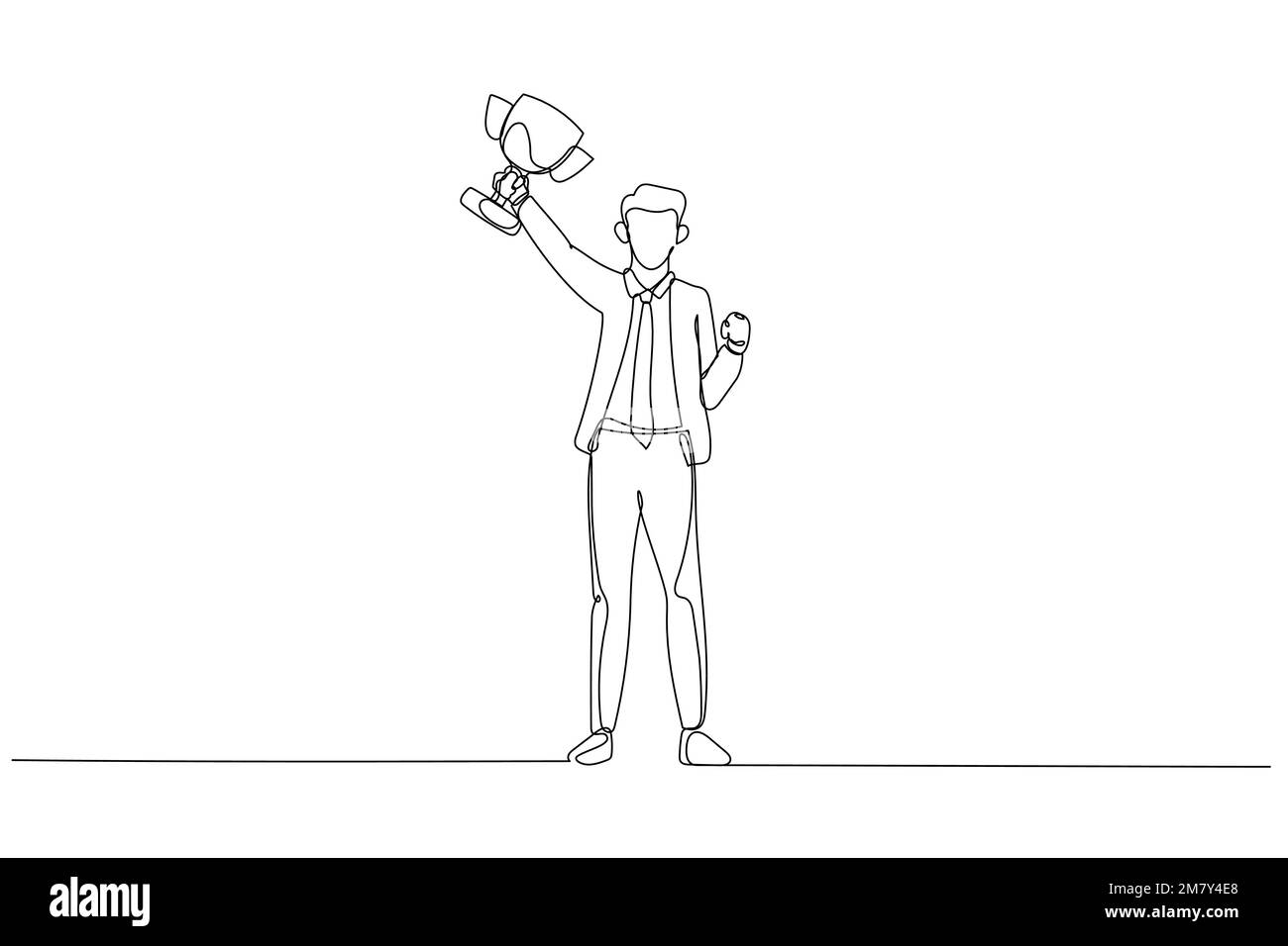 Drawing of businessman gesturing fists up holding gold cup winning and ...