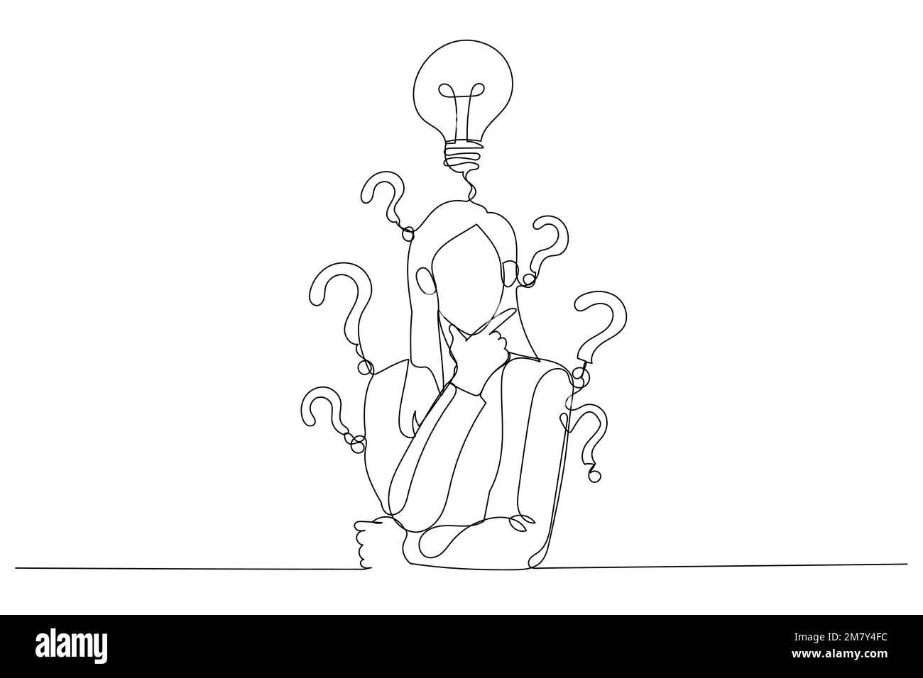Drawing of businesswoman with question mark and lamp. One continuous ...