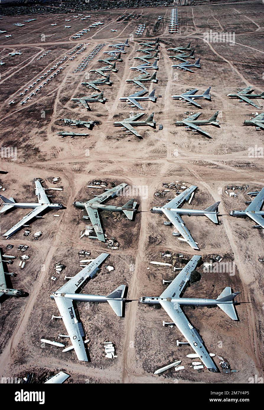 An aerial view of several B-52 Stratofortress aircraft that have been ...