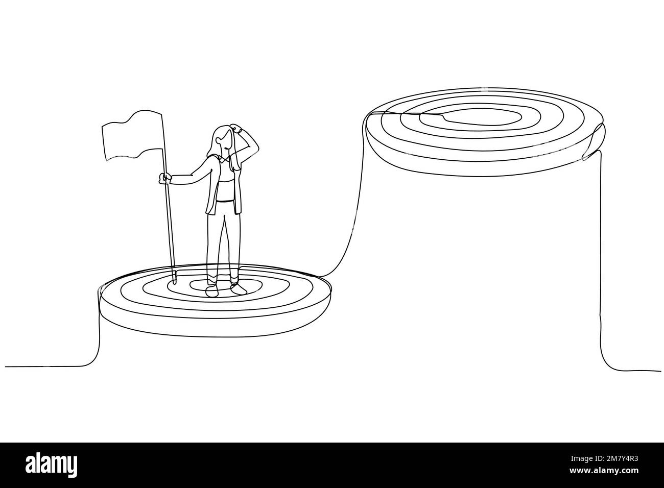 Cartoon of businesswoman climb up ladder reaching goal and looking for ...