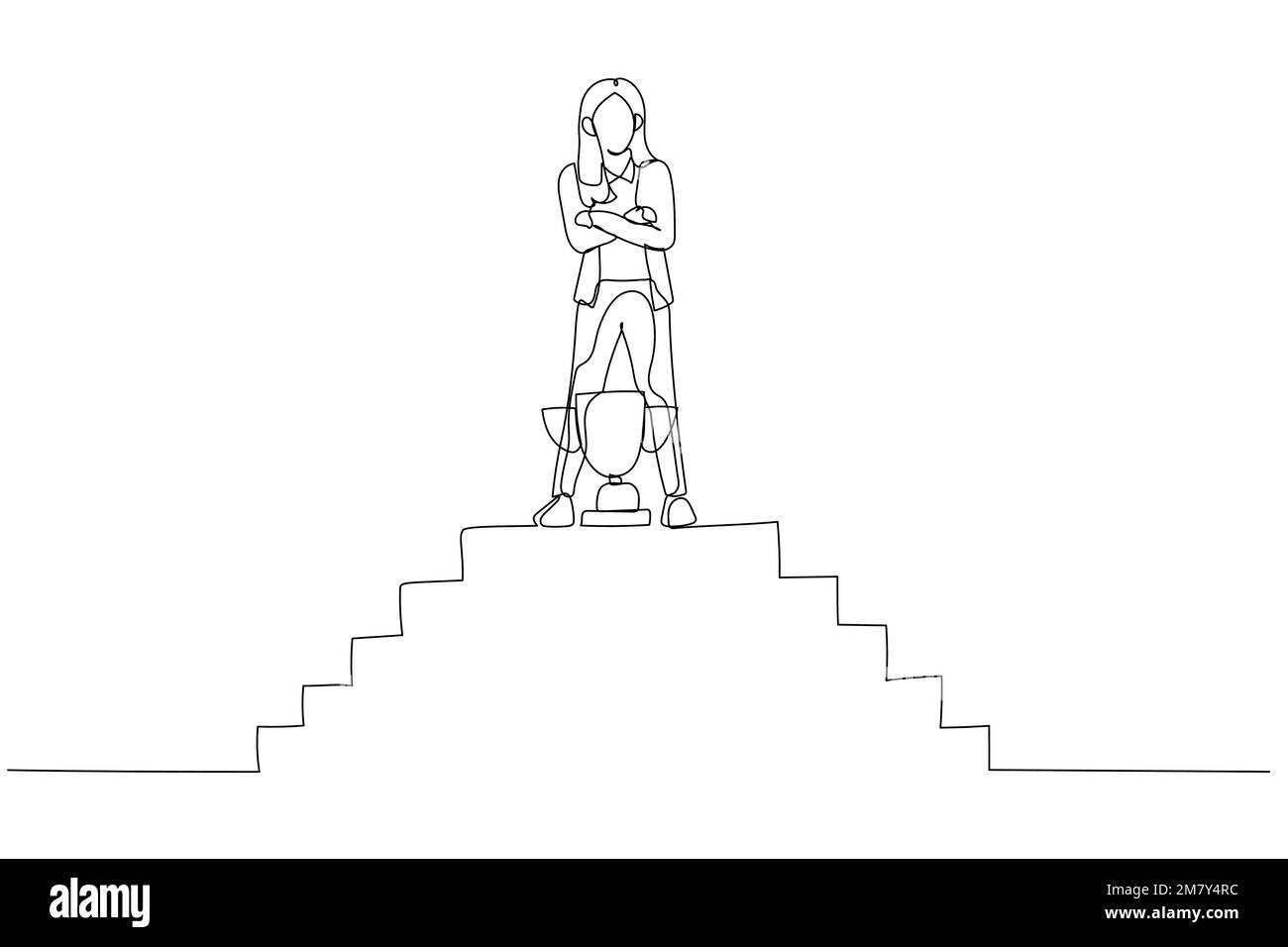Cartoon of businesswoman on top of the stairs being a winner with ...