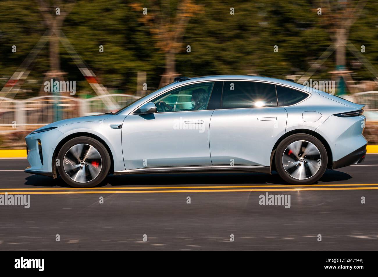 Shanghai, China – 01042023: A Nio ET5 electric sedan being driven on a ...