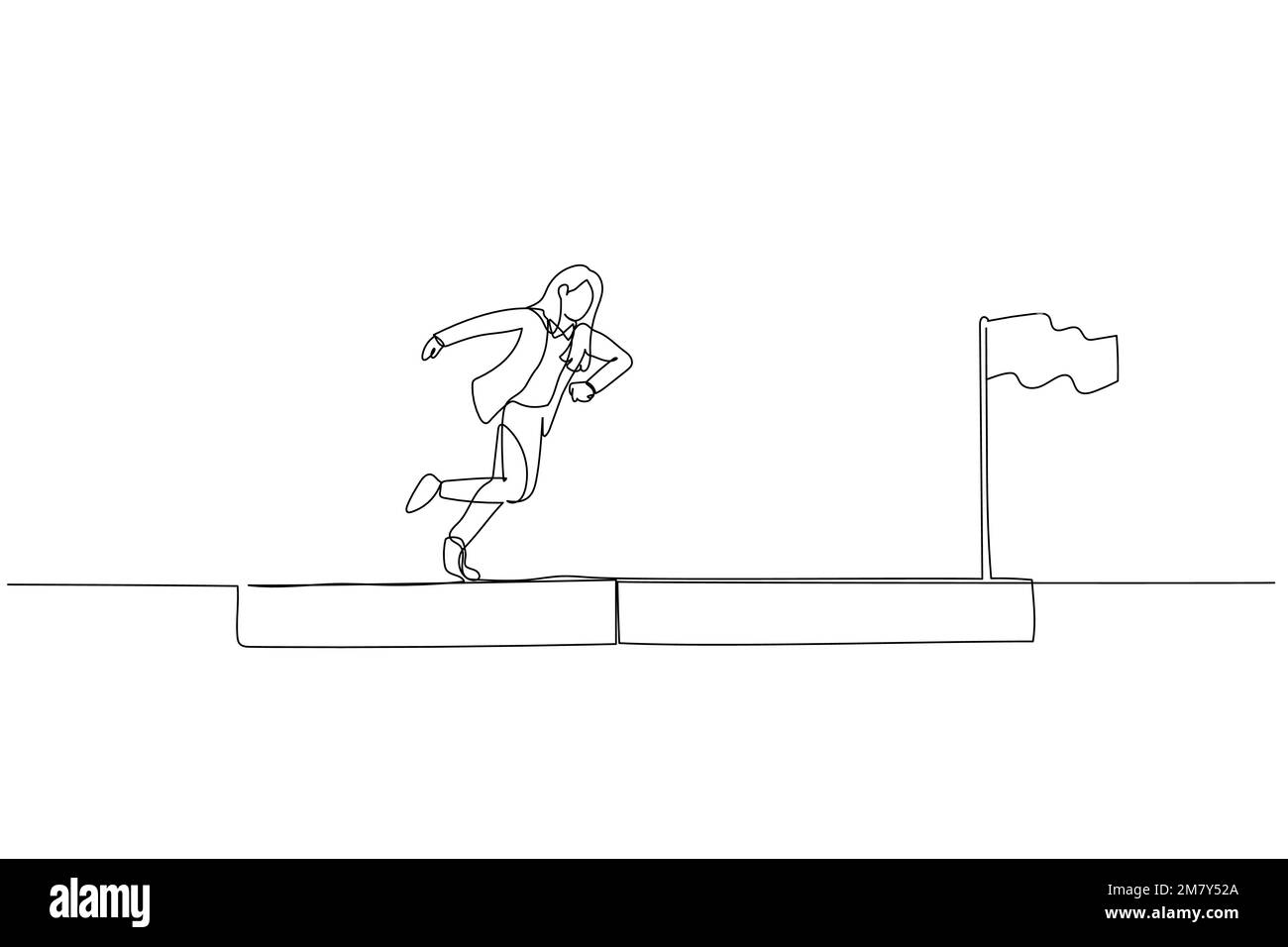 Cartoon of businesswoman run on progress bar to achieve success flag ...