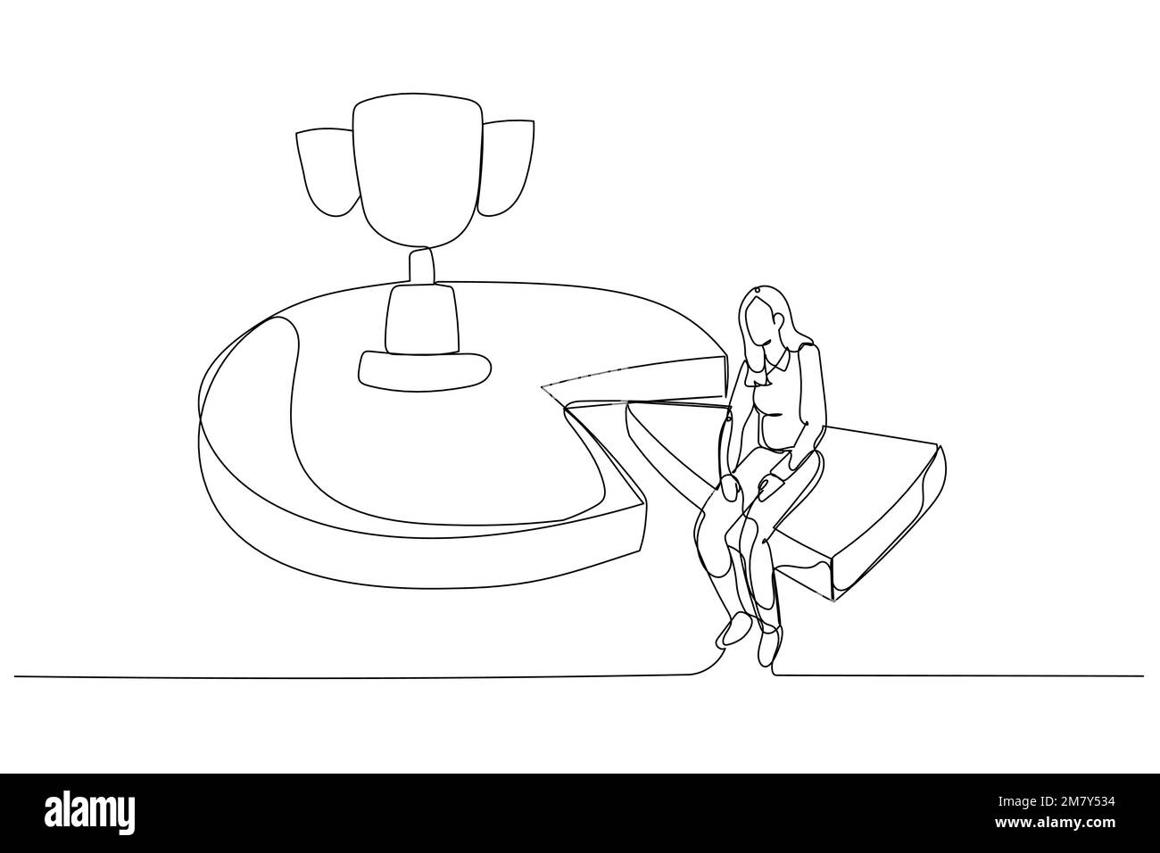 Drawing of businesswoman working effective and efficient and being productive get trophy. One ...