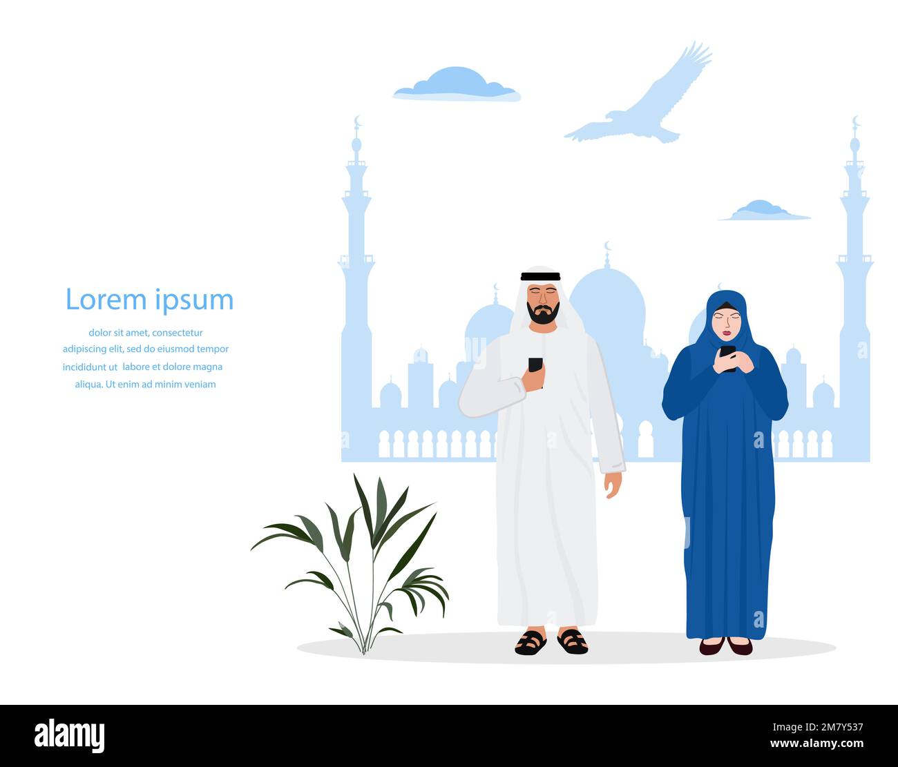 Vector illustration Muslim man, woman use cell phones. Tourist. People ...