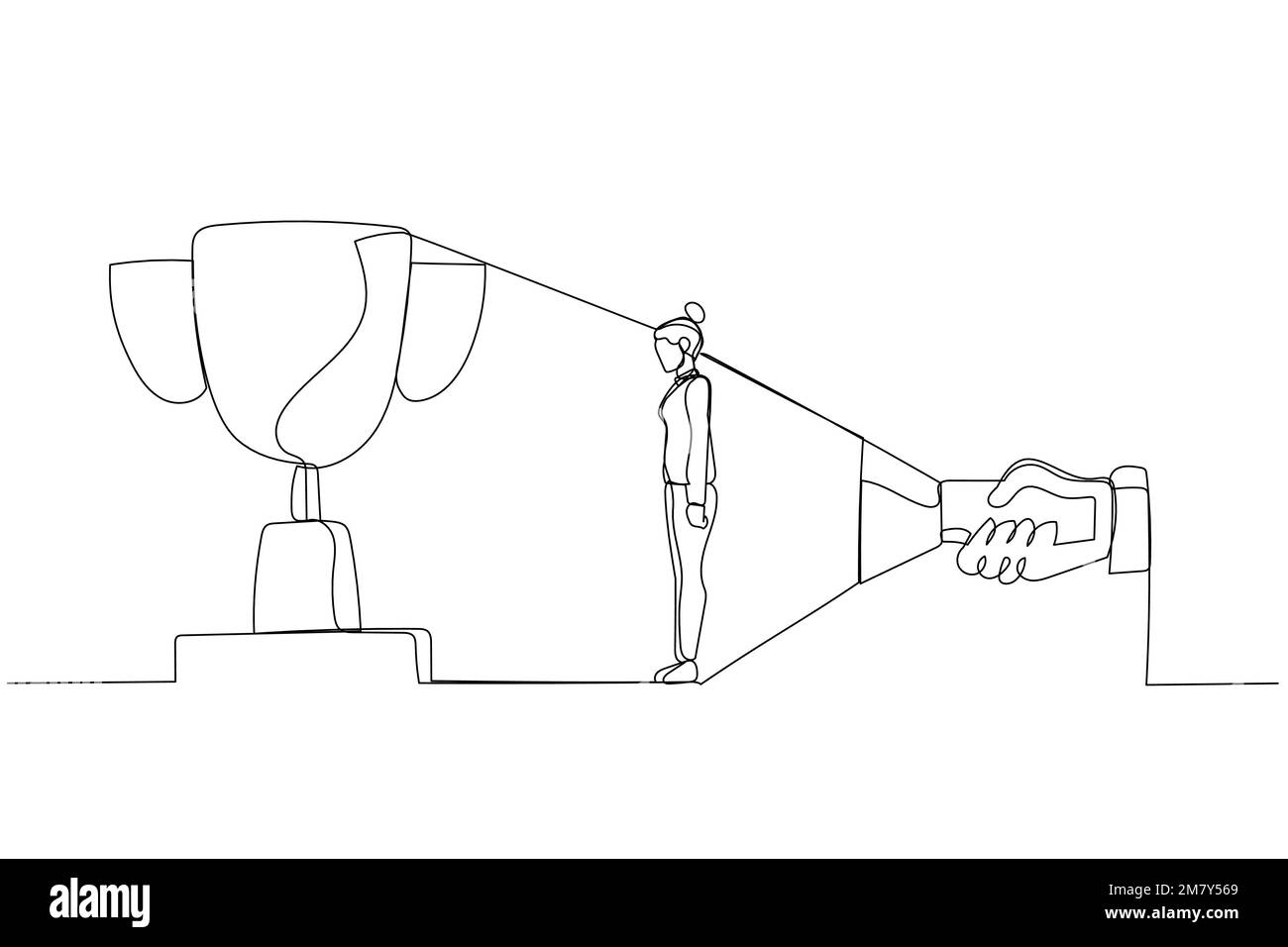 Cartoon of businesswoman aiming big prize from flashlight. Single ...