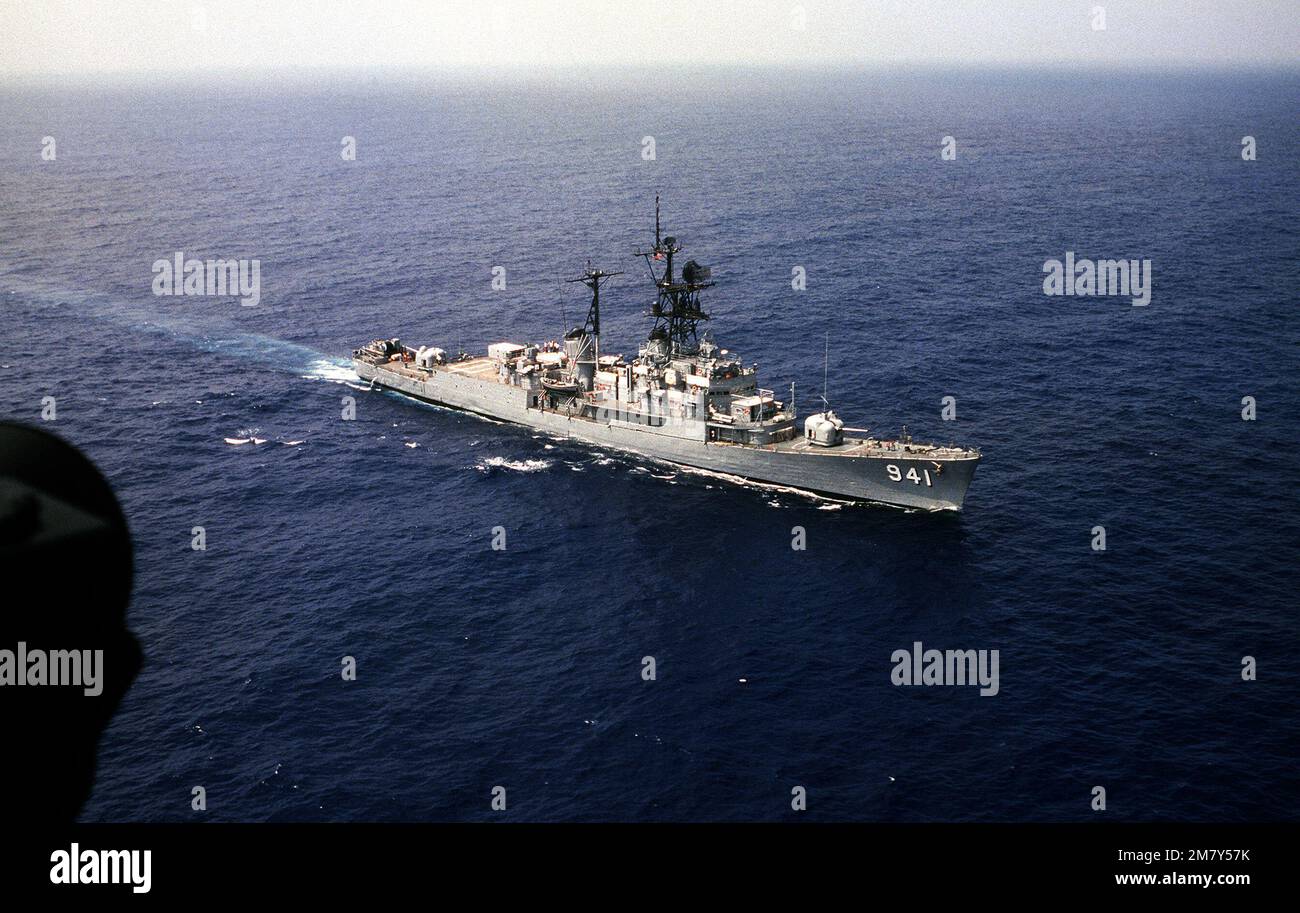 Aerial starboard bow view of the destroyer USS DUPONT (DD-941) off the ...