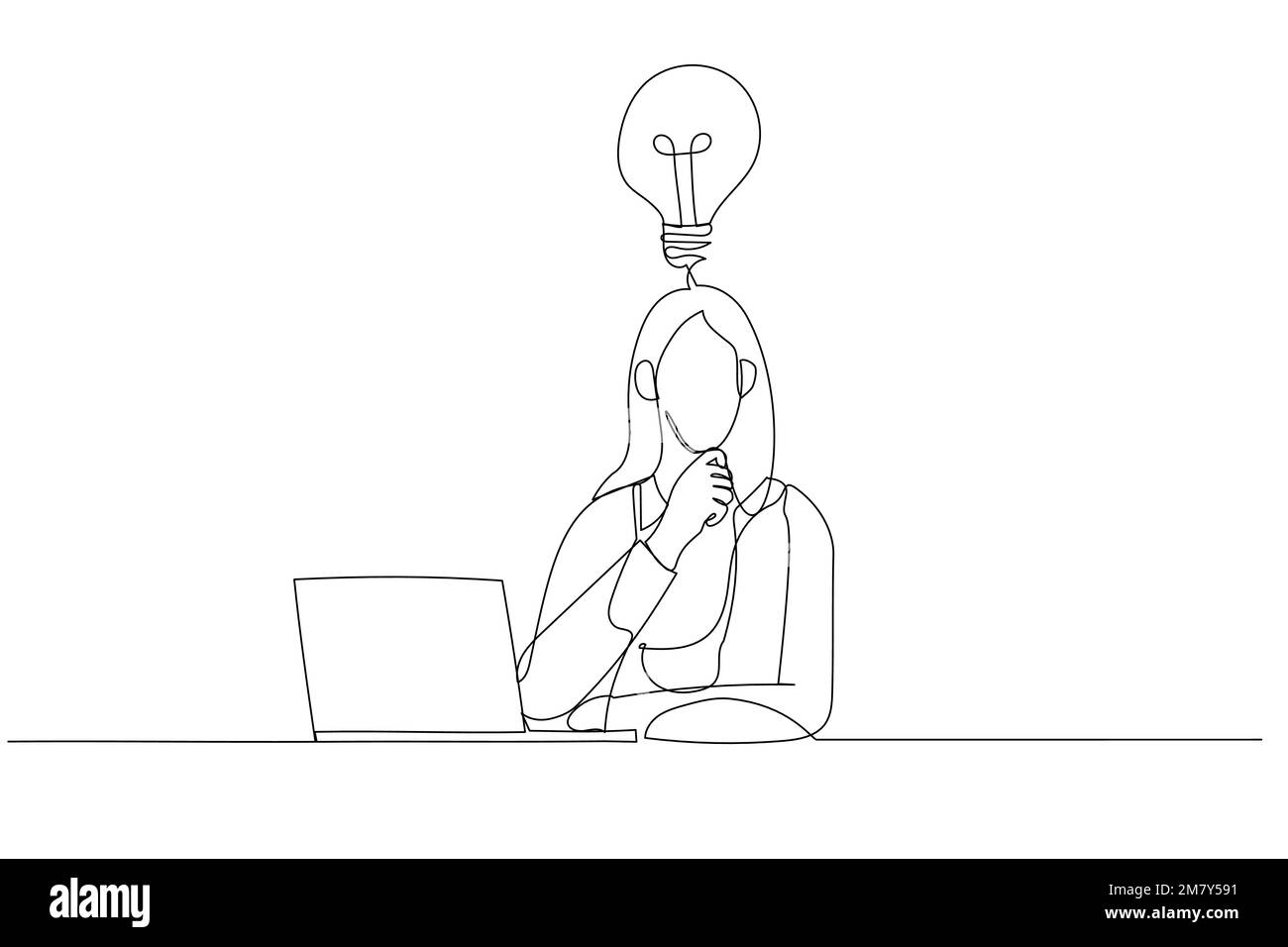 Drawing of thoughtful businesswoman think of online project looking at ...