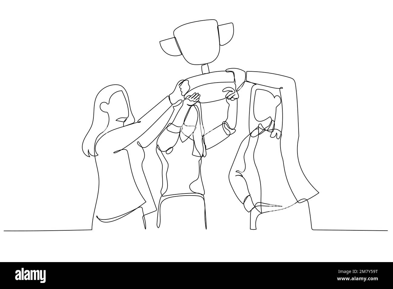 Drawing of businesswoman hold cup together success winning competition ...