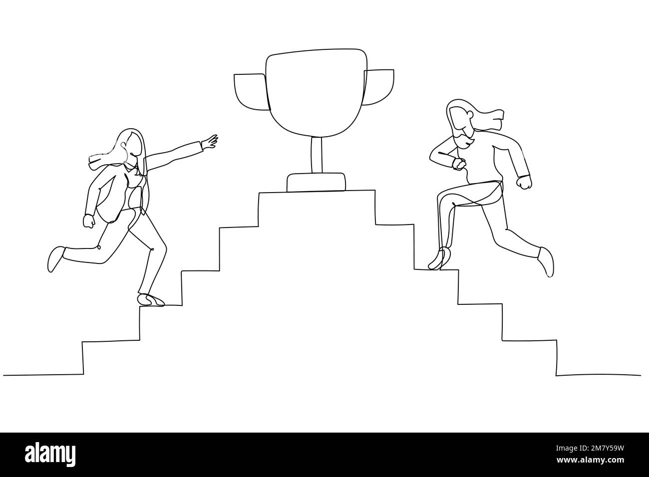 Drawing of businesswoman walk up stair compete to win trophy over ...