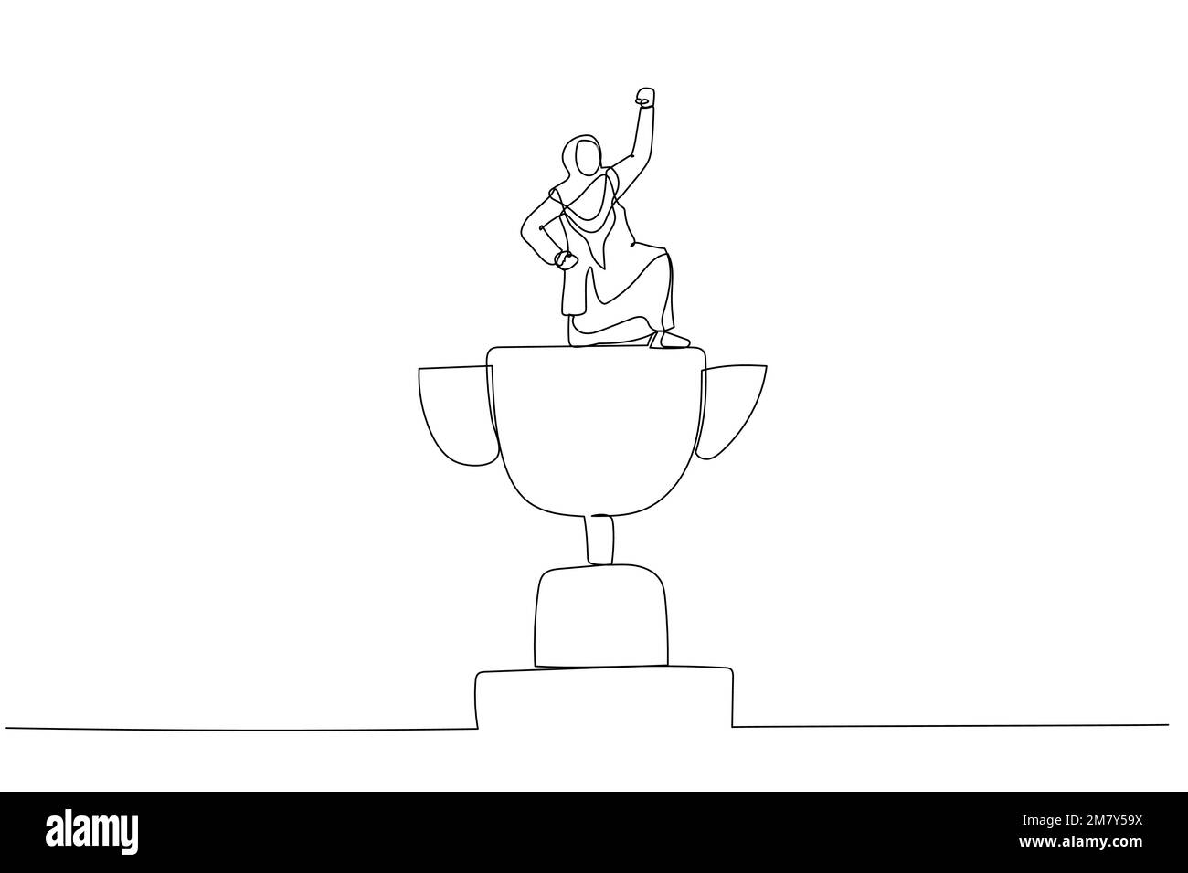 Drawing of muslim businesswoman winner raising flag on winning trophy ...
