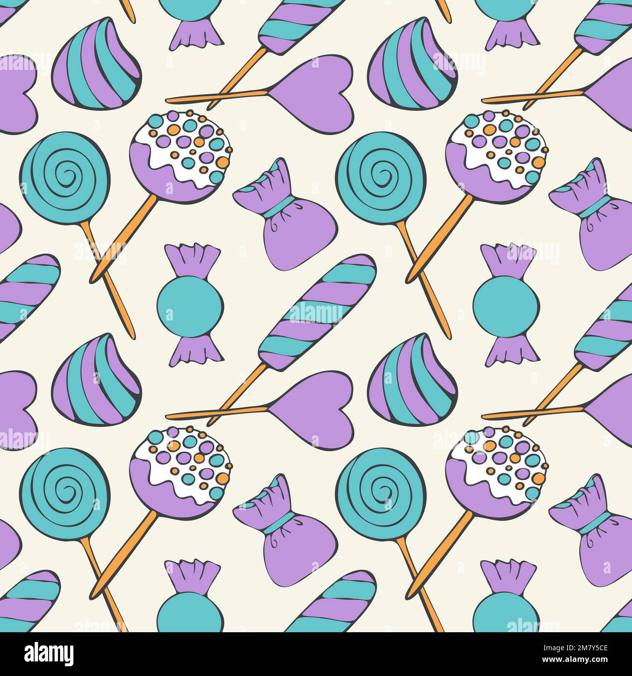 Candies doodle blue and violet pattern seamless background. Hand drawn ...