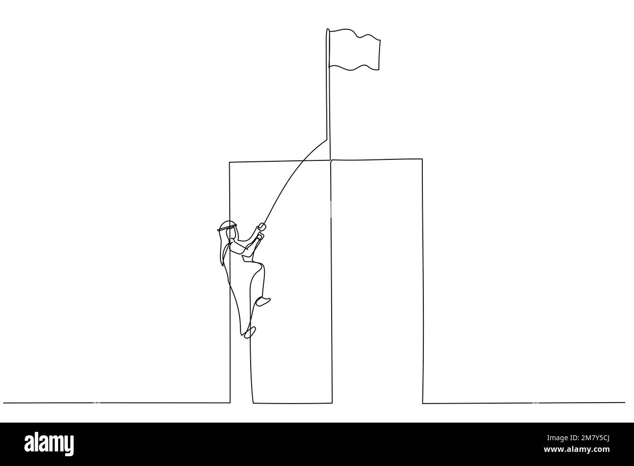 Drawing of arab man climbing a cliff on a rope concept of career growth ...