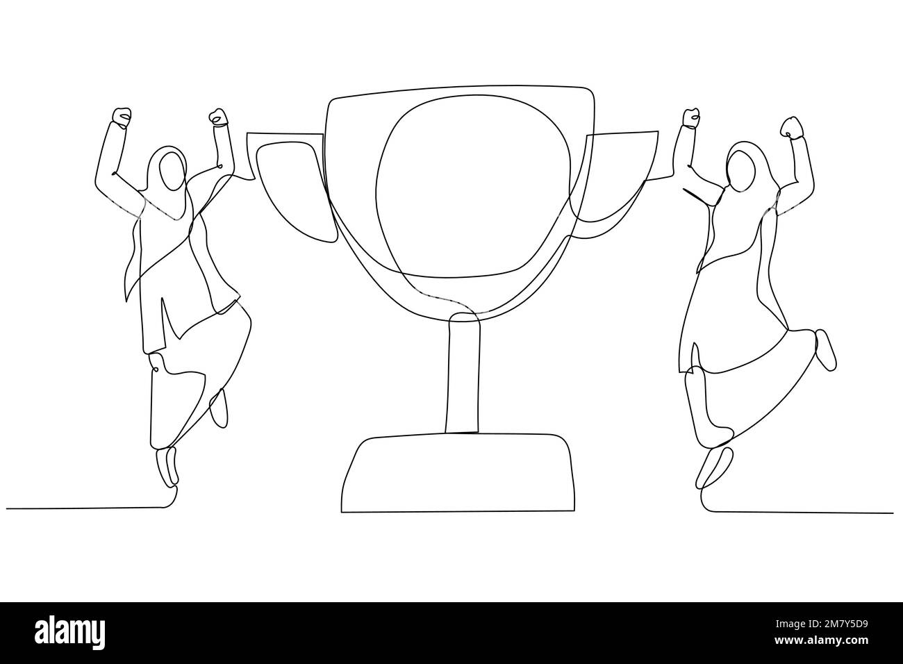 Cartoon of muslim businesswoman employee jump in the air with trophy ...