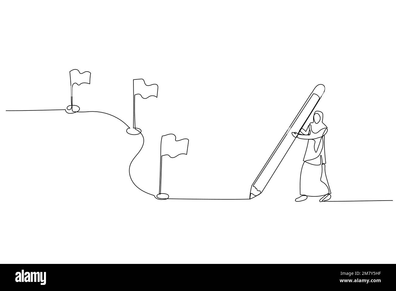 Drawing of muslim woman enterpreneur using pencil draw line with flag ...