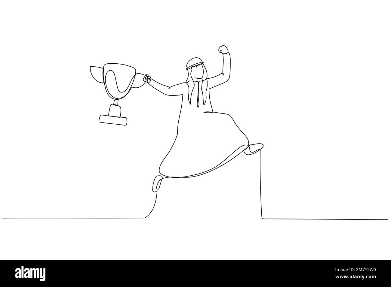 Drawing of arab businessman holding winning trophy jumping high for ...
