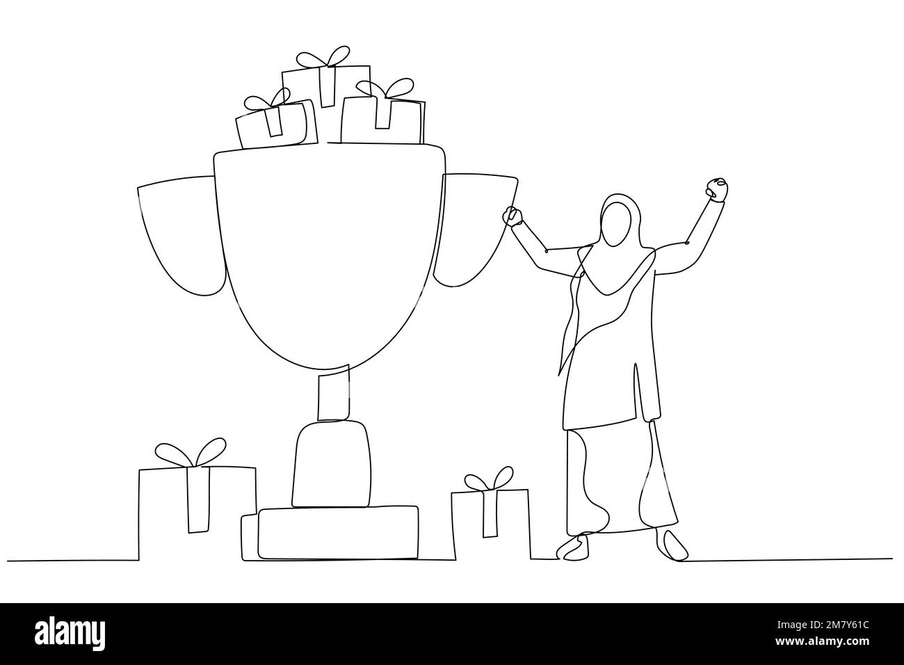 Drawing of muslim businesswoman with big winner cup happy with ...