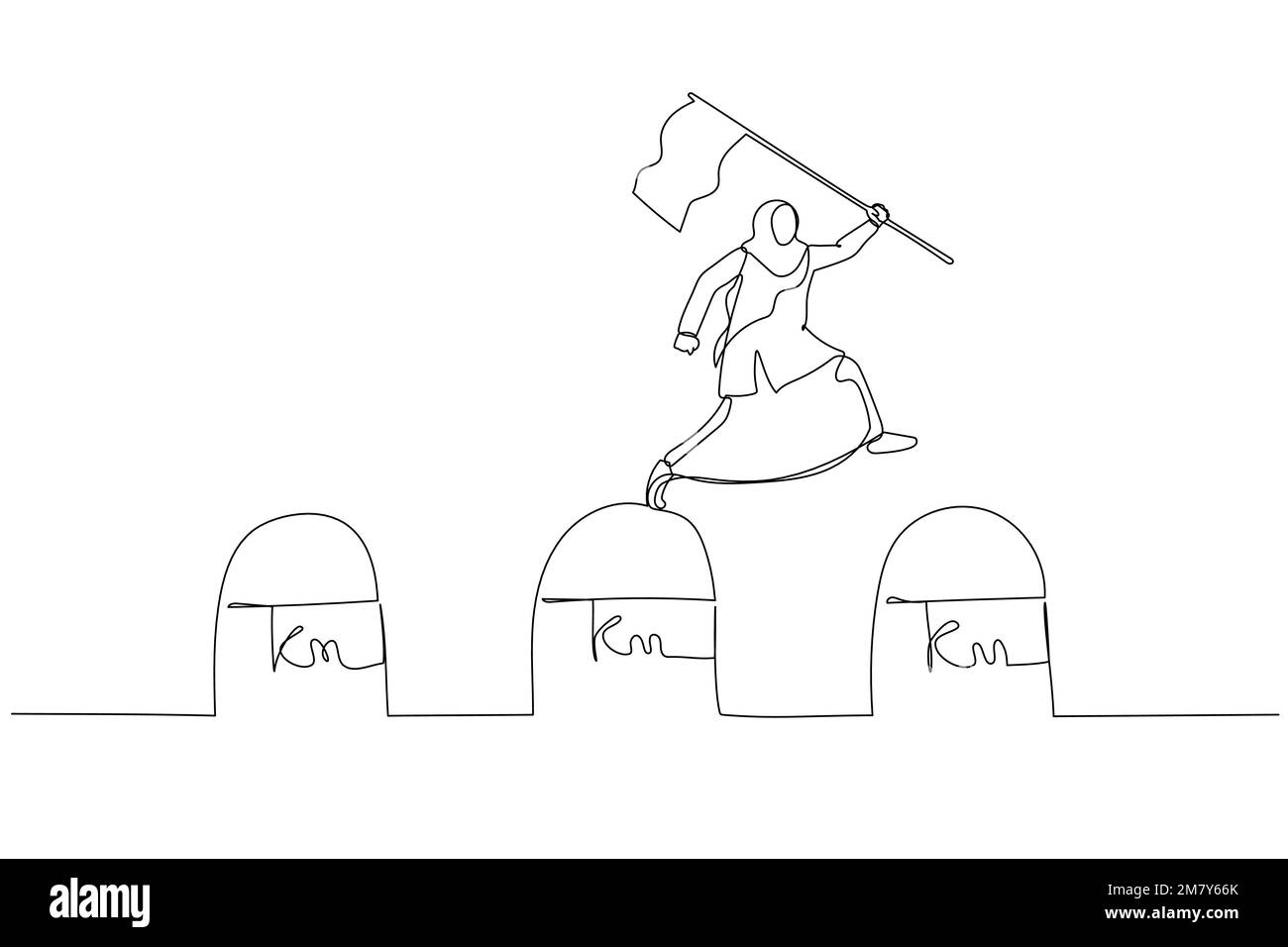 Cartoon of muslim business woman holding success flag jumping on ...