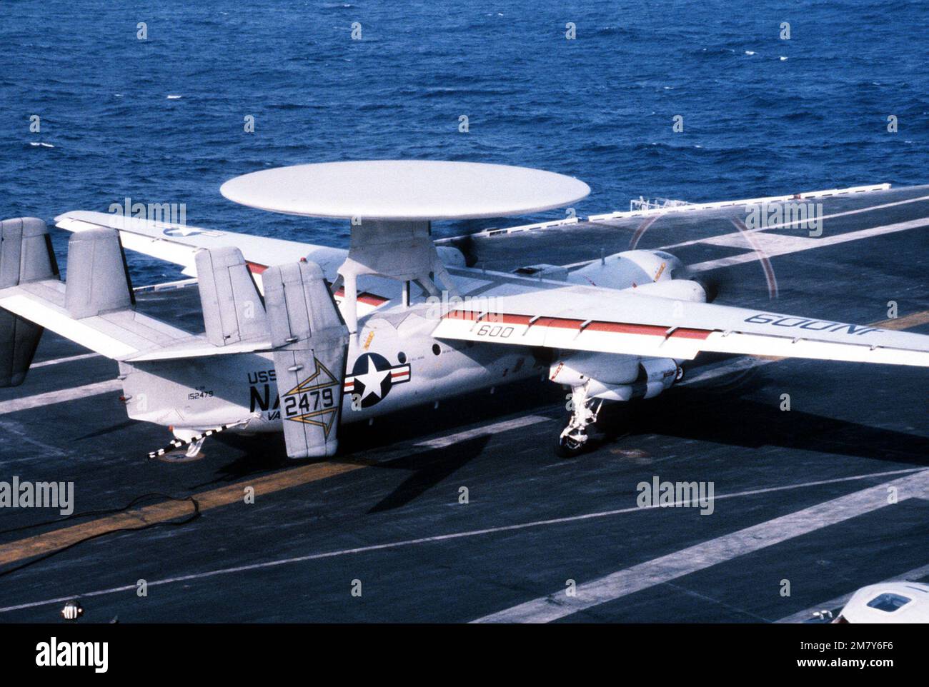 A right rear view of a US Navy E-2B Hawkeye airborne early warning ...