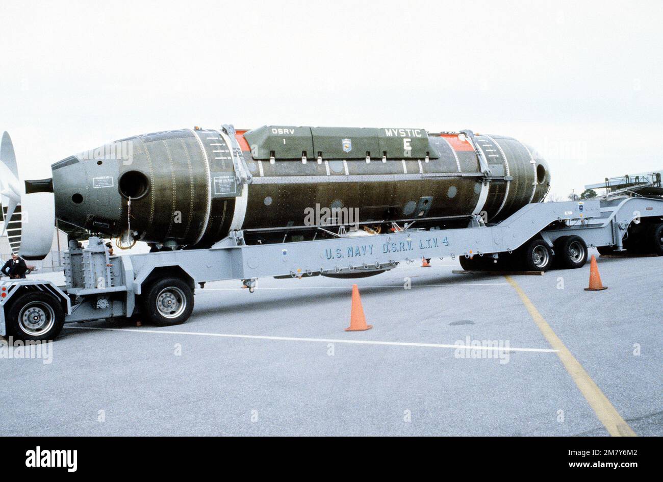 Right side view of the Mystic DSRV-1 (deep submergence rescue vehicle) parked at the flight line ...