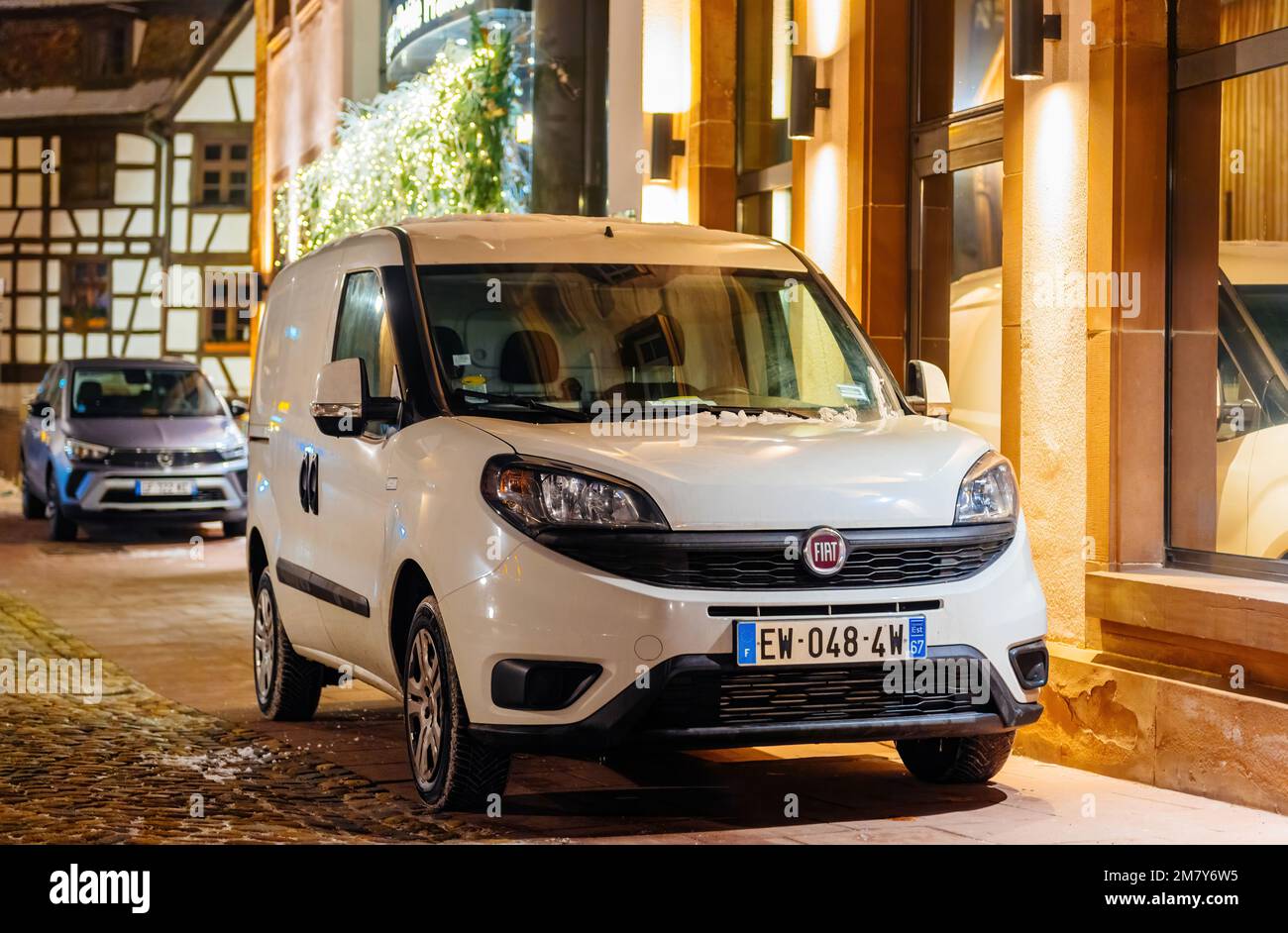 Strasbourg, France - Dec 19, 2022: Front view of new white electric ...