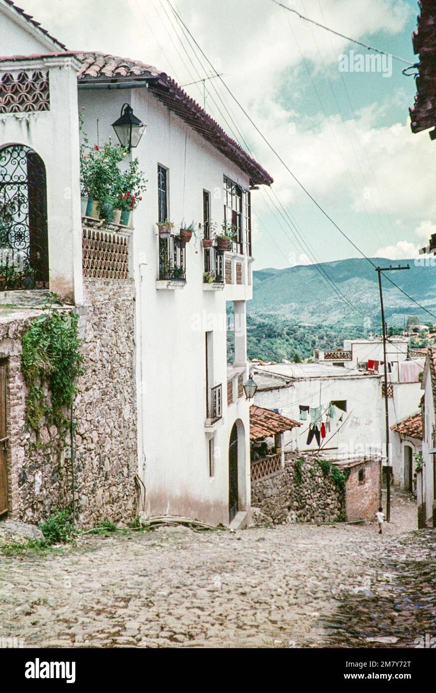 Town cobbled street with houses, Taxco, state of Guerrero, Mexico, 1961 ...