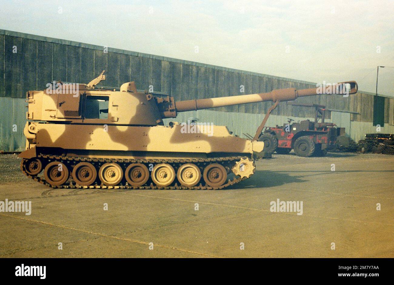 A right side view of an M-109A3 155mm self-propelled howitzer at ...
