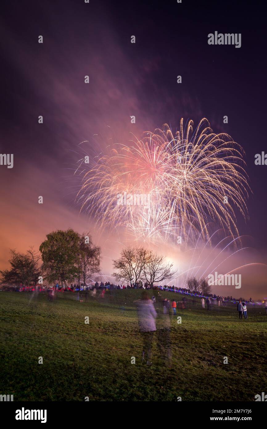 A vertical shot of exploding colorful fireworks in a night sky over ...
