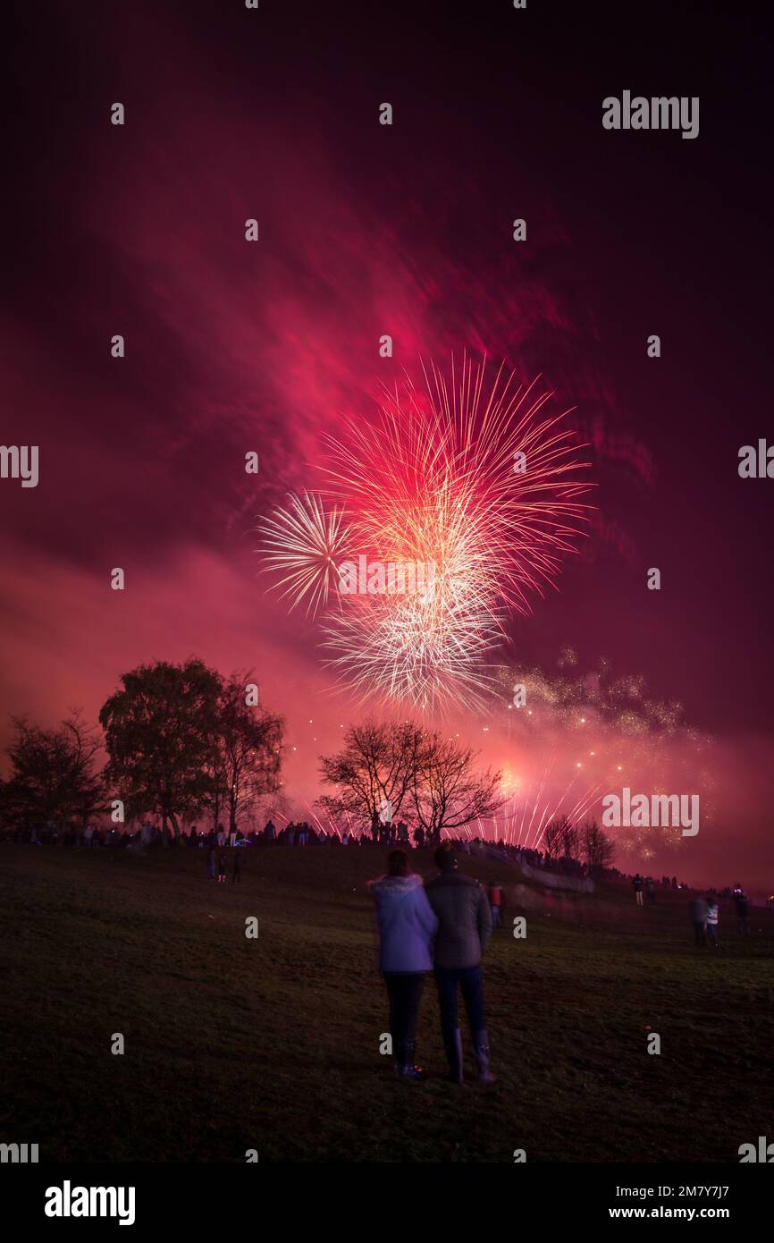 A vertical shot of exploding colorful fireworks in a night sky over ...