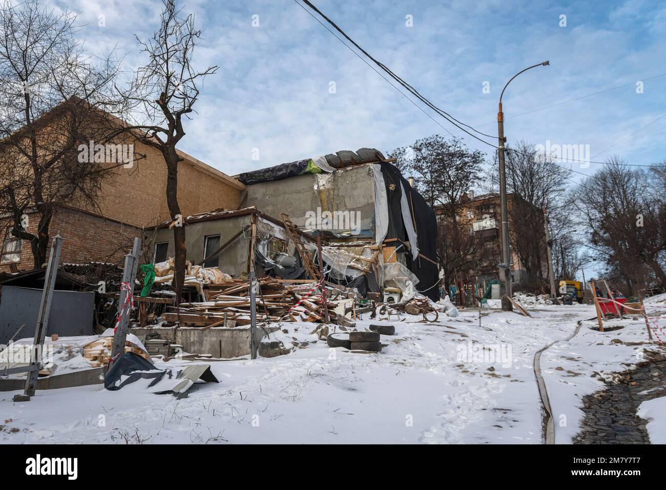 Buildings impacted by Russian missile shelling are seen in Kyiv ...