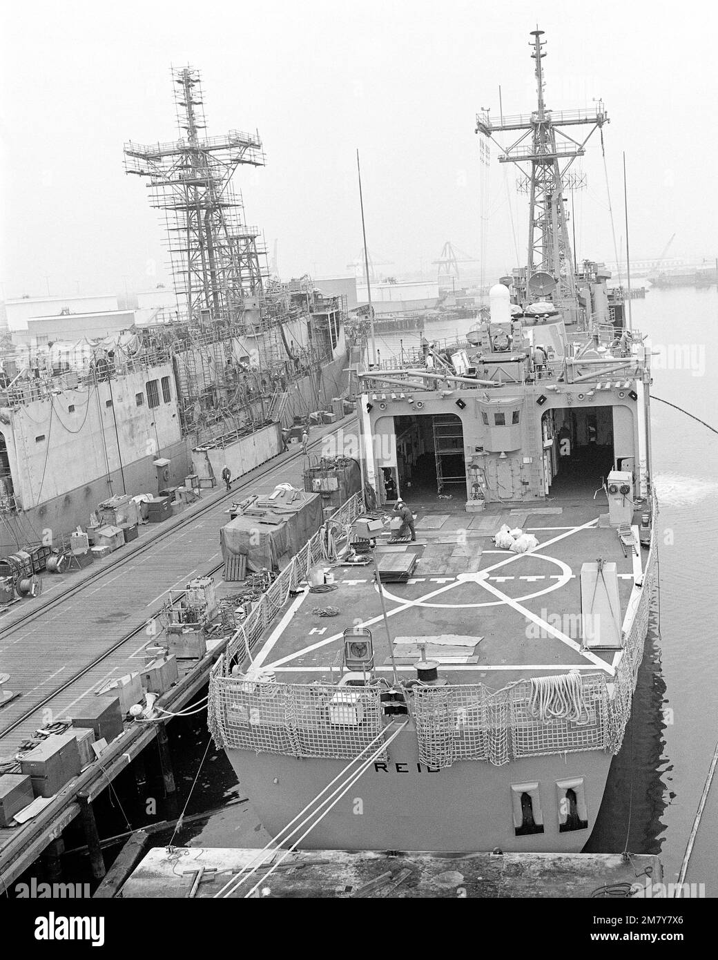 Stern view of the guided missile frigate RIED (FFG 30) tied to the pier ...