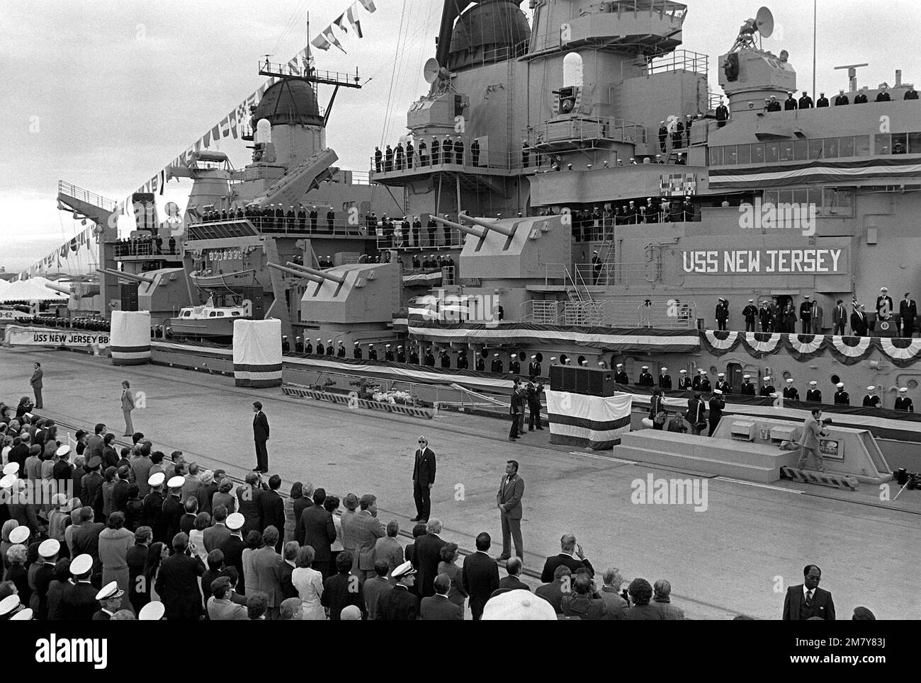 An overall view of the commissioning ceremony for the battleship USS ...
