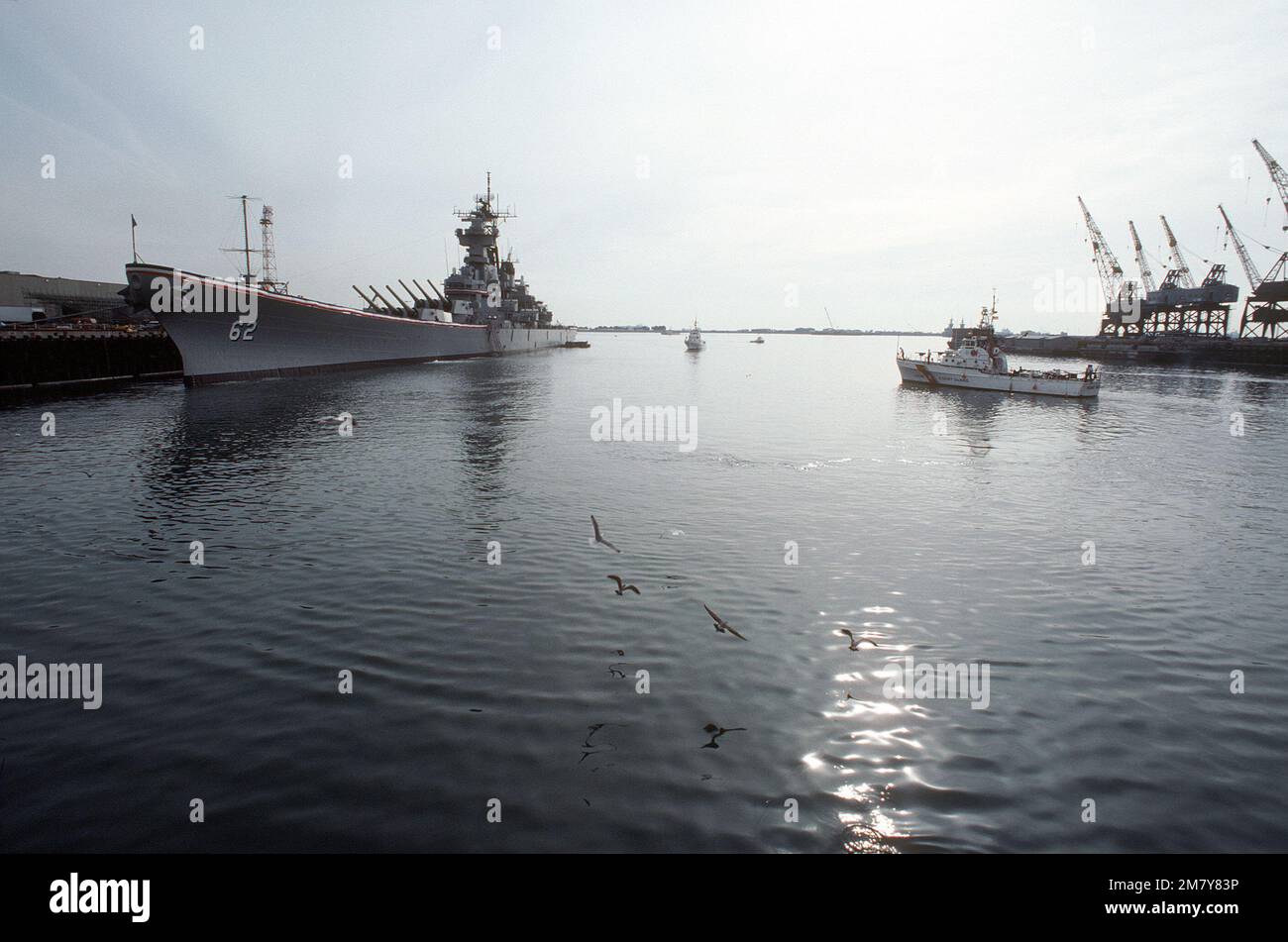Port bow view of the battleship USS NEW JERSEY (BB-62) ready for its ...