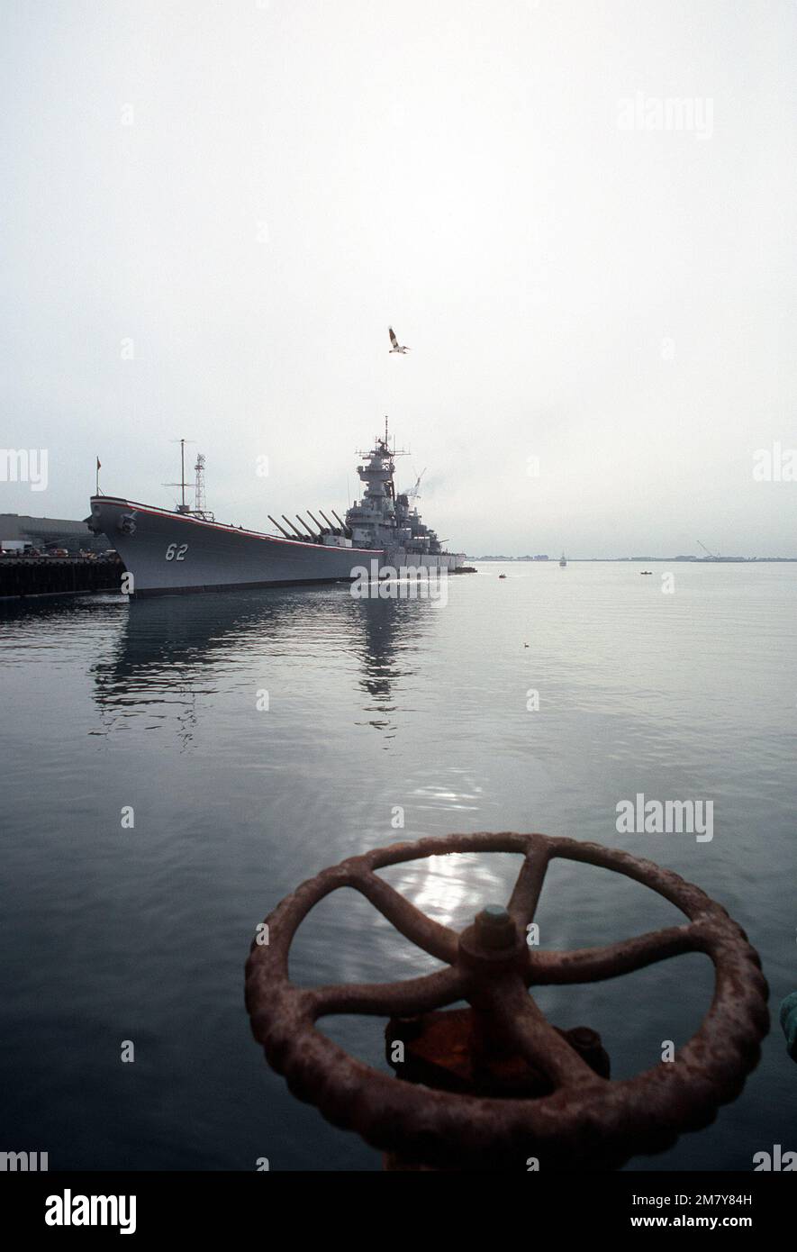 Port bow view of the battleship USS NEW JERSEY (BB-62) ready for its ...
