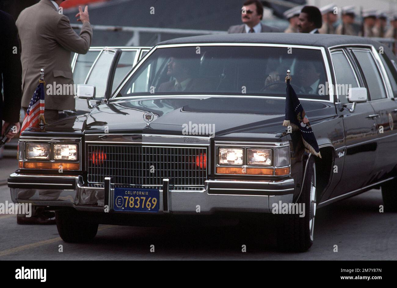Front view of the presidential limousine. President Ronald Reagan is ...