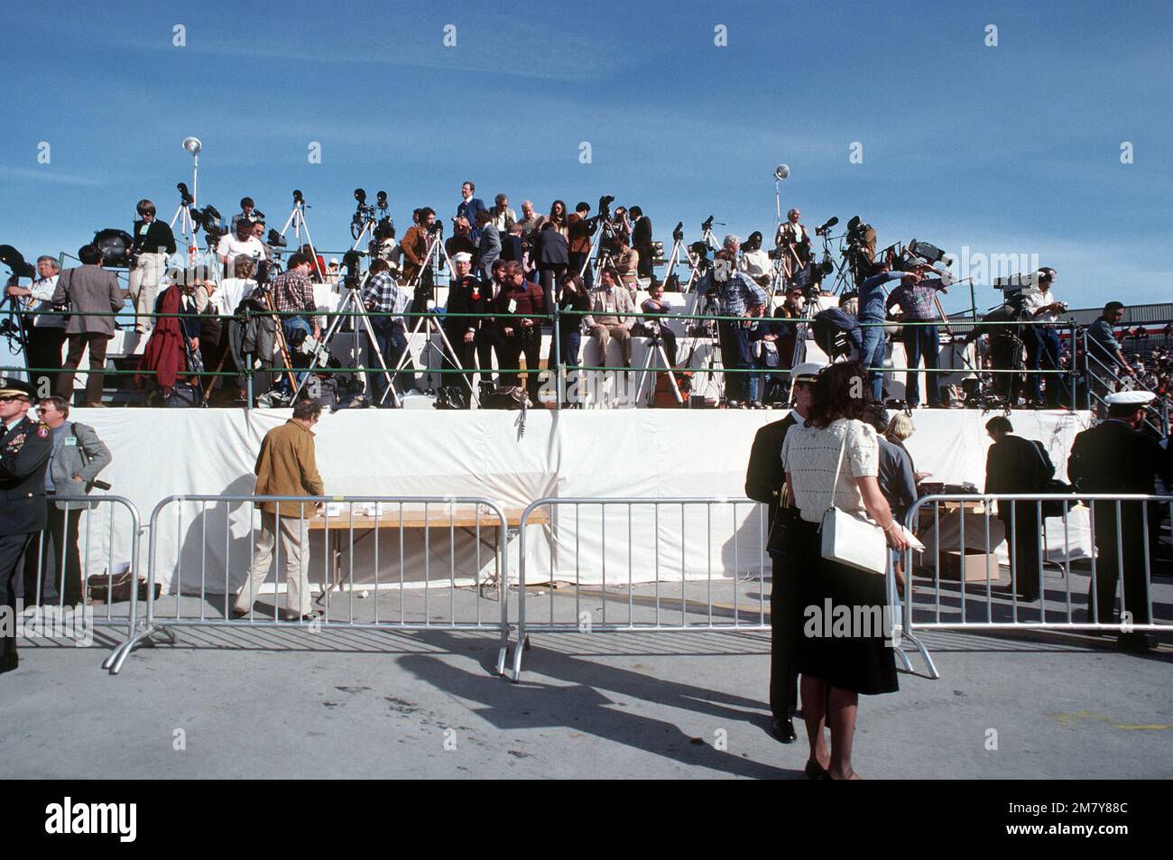 A view of the press area set up for the battleship USS NEW JERSEY's (BB ...