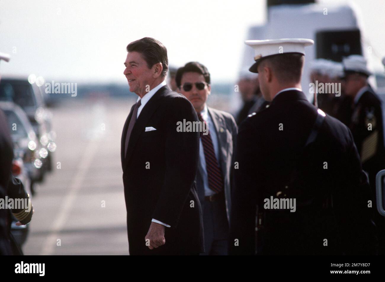 President Ronald Reagan, left, prepares to board the battleship USS NEW ...