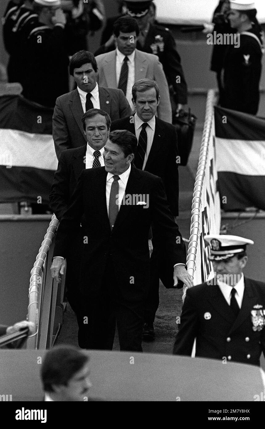 President Ronald Reagan walks down the steps from the speakers platform ...