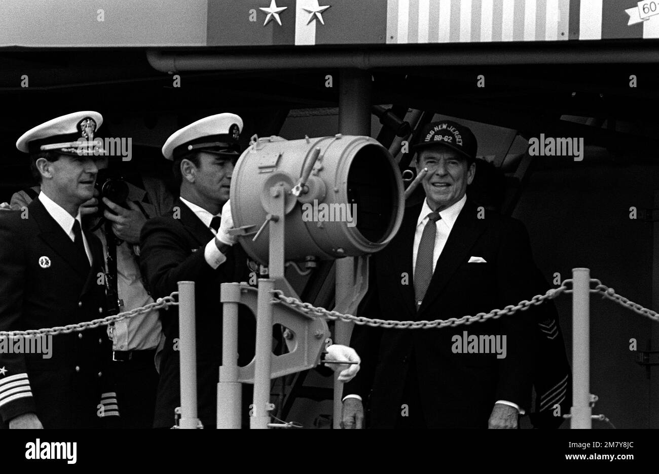 President Ronald Reagan views the operation of a signal light during ...