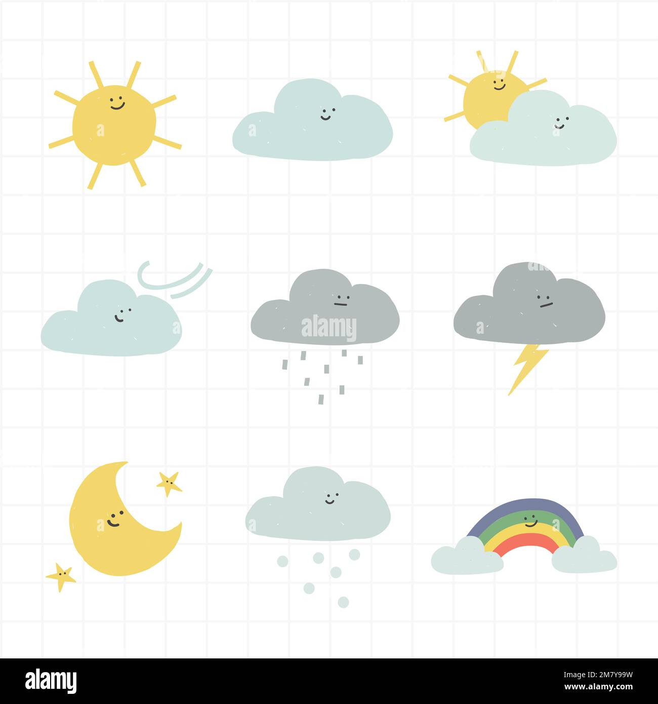 Clouds weather vector sticker with smiling face cute doodle set for ...