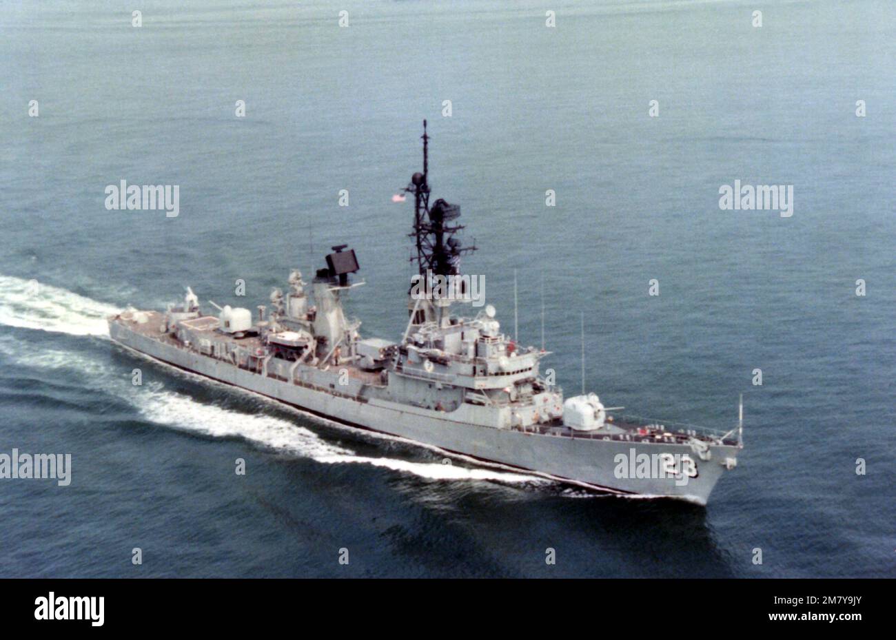 An aerial starboard bow view of the guided missile destroyer USS ...